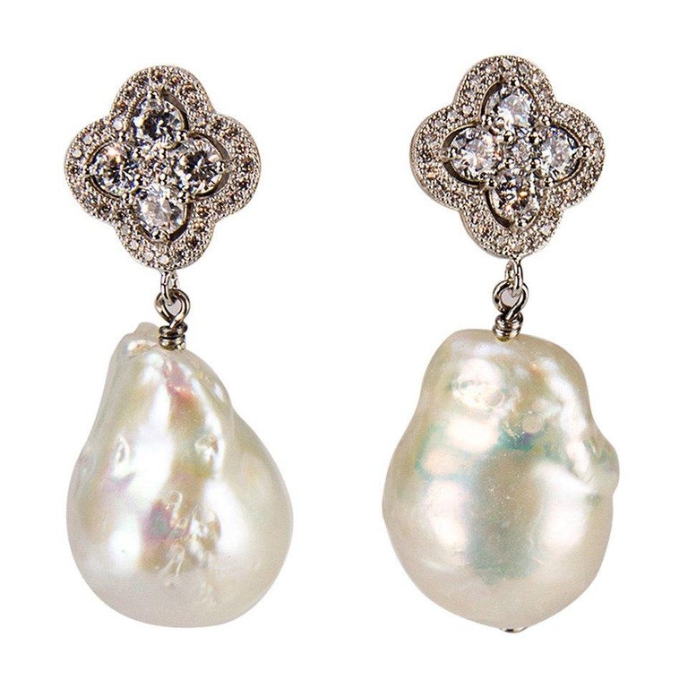 Pearl and Faux Diamond Drop Sterling Silver Statement Earrings at 1stDibs