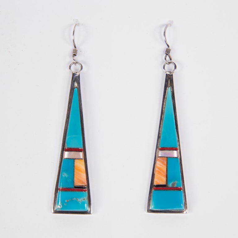 Turquoise Inlay Sterling Silver Dangle Earrings For Sale at 1stDibs ...
