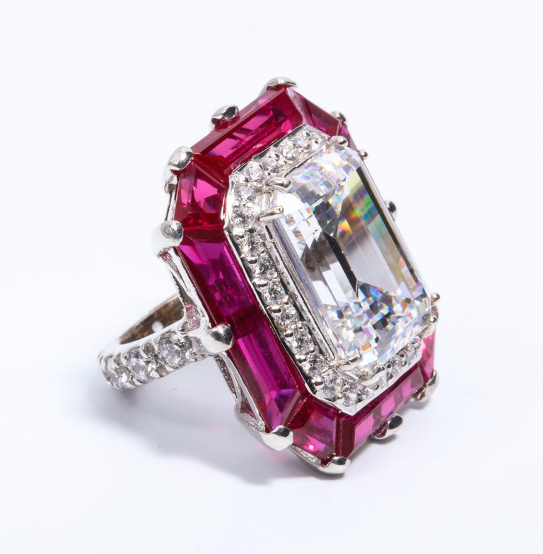 Art Deco Style Halo Cubic Zirconia Ruby Sterling Ring at 1stDibs | art ...