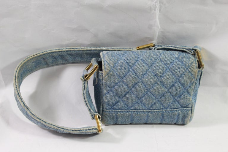 Vintage 1991 Chanel Mini Nano Shoulder Bag in Blue denim at 1stDibs
