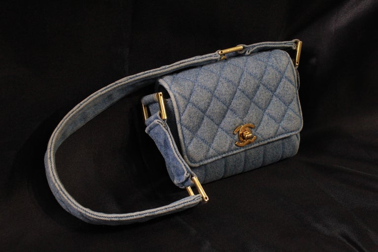 Vintage 1991 Chanel Mini Nano Shoulder Bag in Blue denim at 1stDibs
