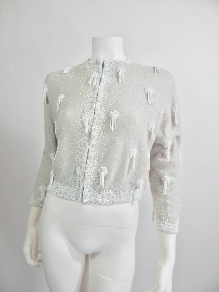 1950s Beaded Cashmere Cardigan with Tassels For Sale at 1stDibs