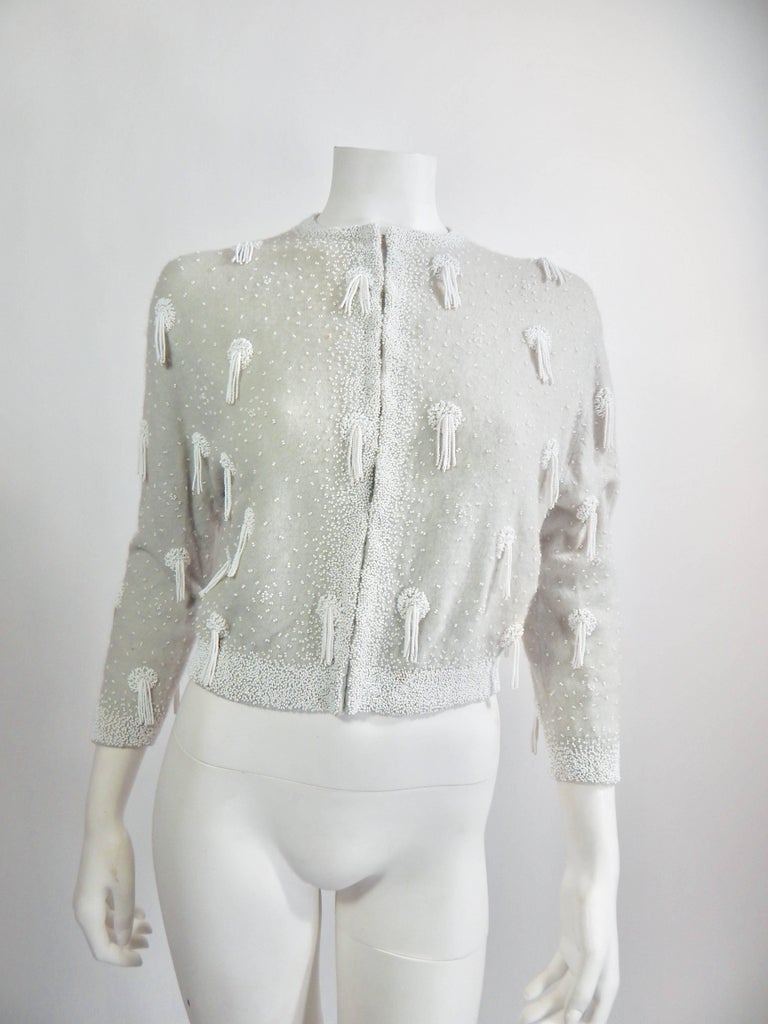 1950s Beaded Cashmere Cardigan with Tassels For Sale at 1stDibs