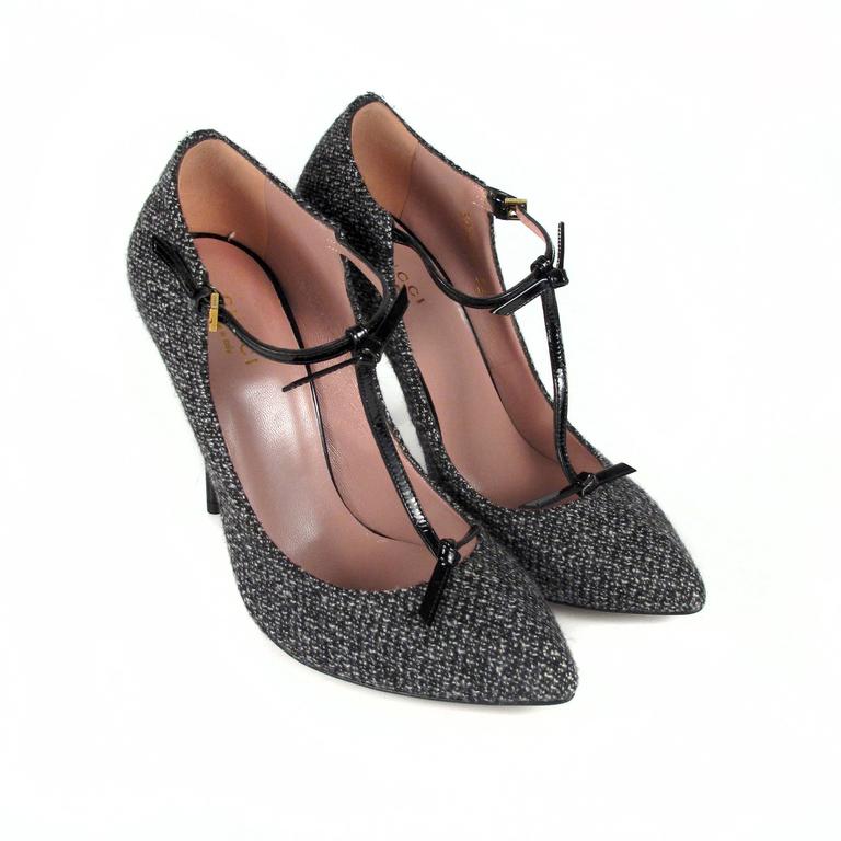 Gucci Heels - New - 6 - 36 - Black Gray Tweed Strappy Leather Gold ...