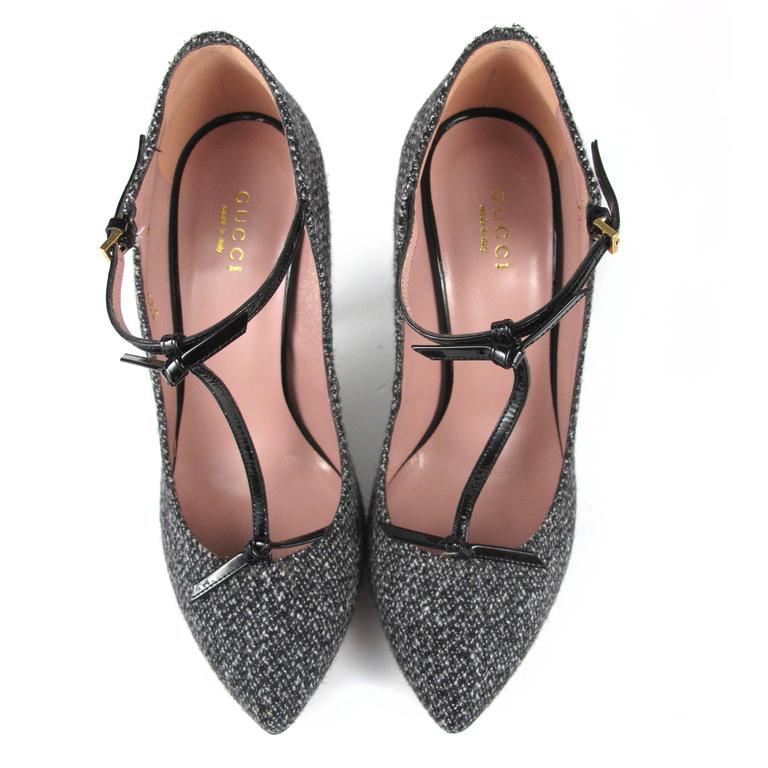 Gucci Heels - New - 6 - 36 - Black Gray Tweed Strappy Leather Gold ...