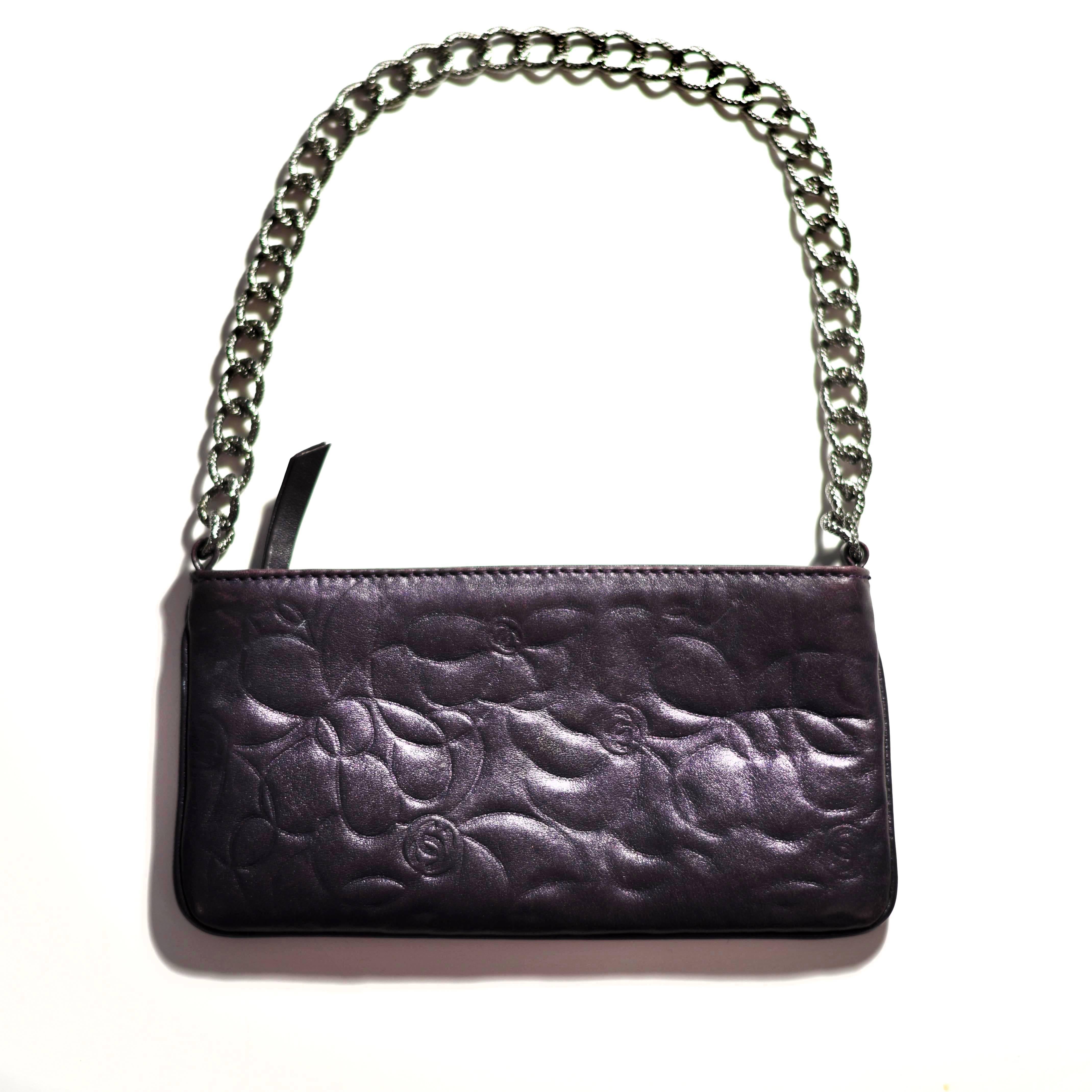 Chanel Purple Camellia Leather Embossed Bag Metallic Handbag Silver CC ...