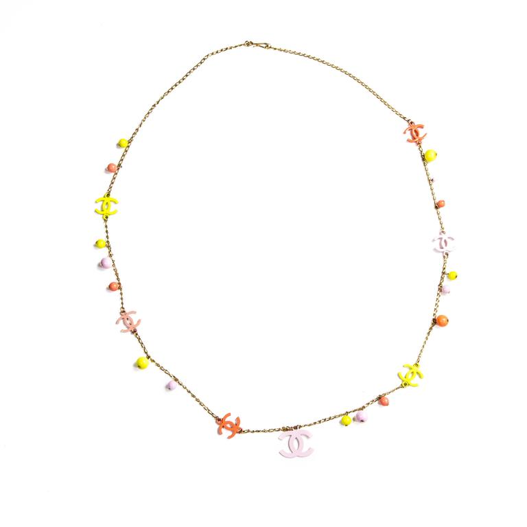 Chanel Pearl Necklace - CC Charm Pink Yellow Logo Chain Pendant Bead ...