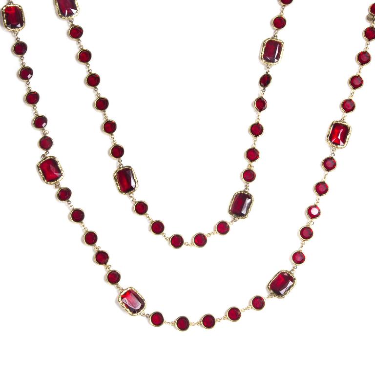 Chanel Pearl Chicklet Necklace Red Glass Gripoix Bead Charm Sautoir ...