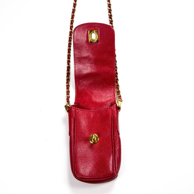 Chanel Caviar Mini Shoulder Bag - Case Red Leather Gold Chain CC Cell ...