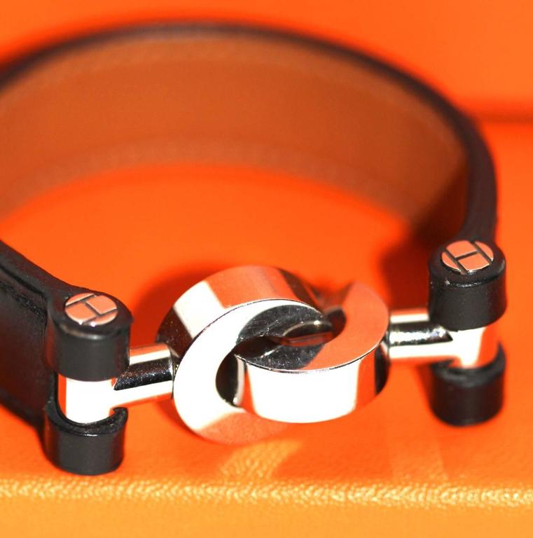 Hermes Black Box Leather Bracelet Silver Hardware Handcuffs Clasp at ...