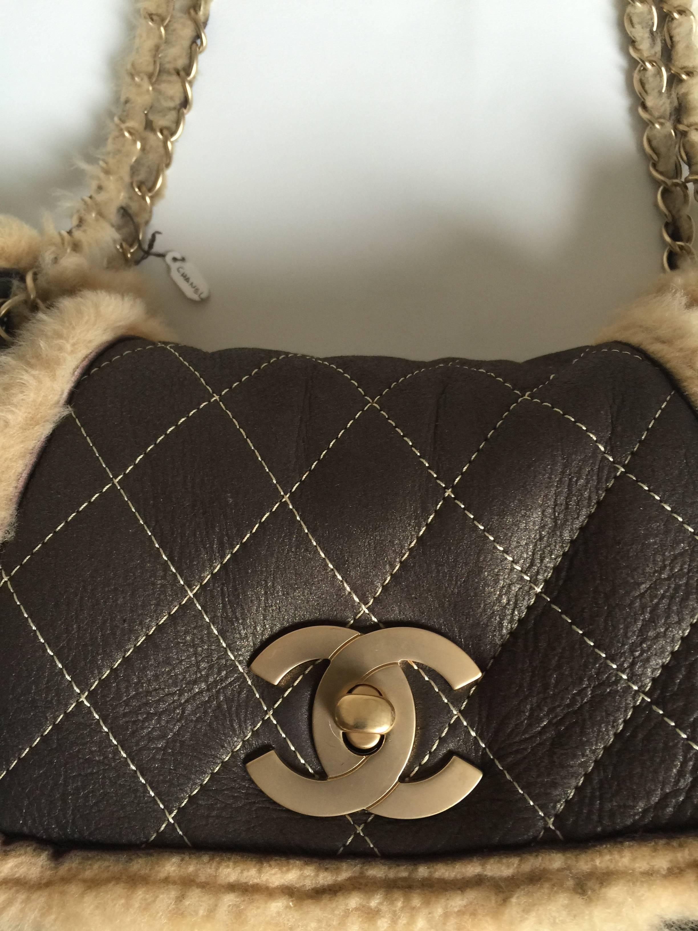 Rare and Chic Chanel Brown Quilted Suede and Shearling Flap Bag For ...