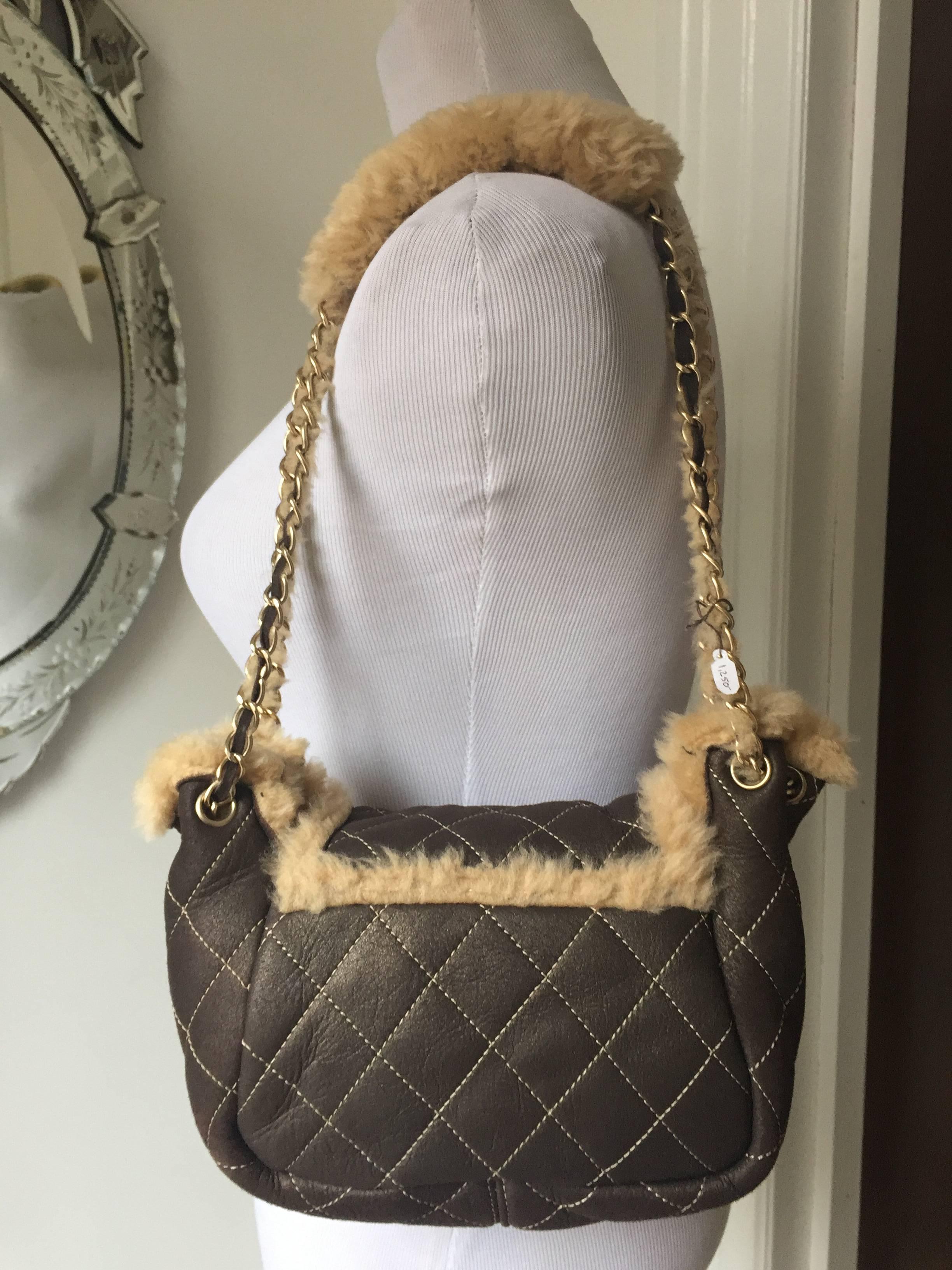 Rare and Chic Chanel Brown Quilted Suede and Shearling Flap Bag For ...