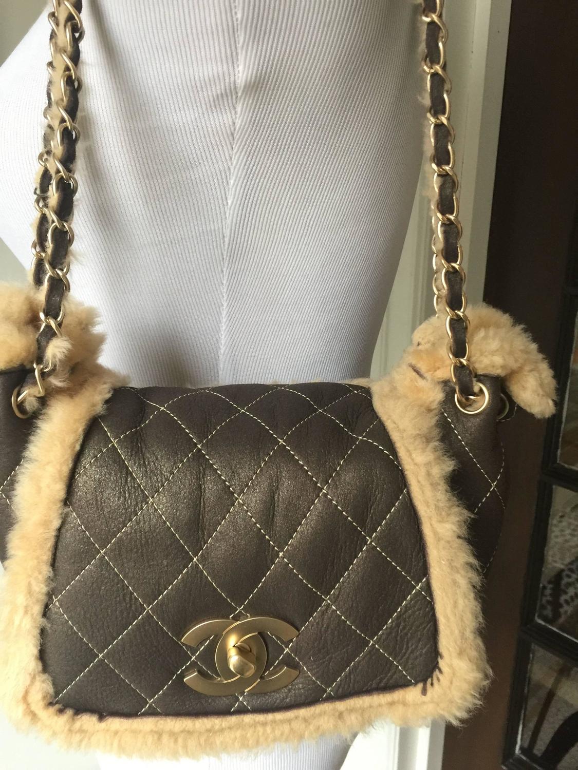 Rare and Chic Chanel Brown Quilted Suede and Shearling Flap Bag For ...
