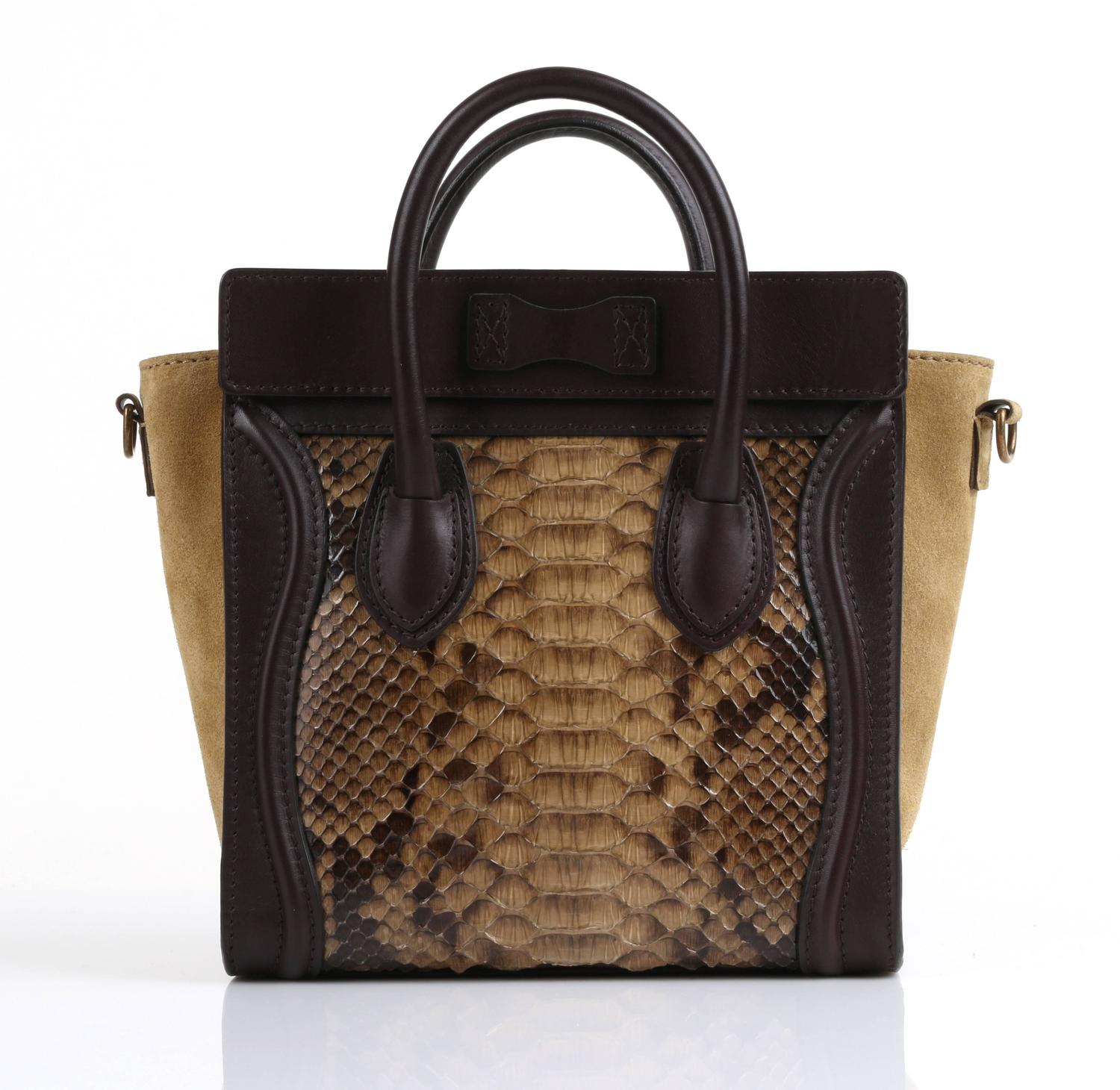 CELINE Dark Brown Olive Genuine Python Suede Nano Luggage Tote Handbag ...