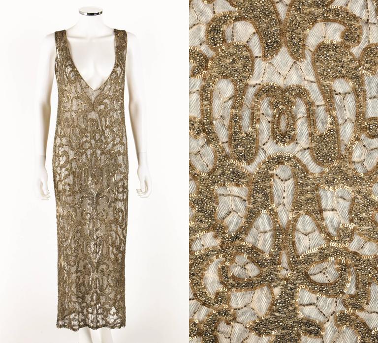 Couture c.1920's Gold Sequin Beaded Net Plunging Flapper Art Deco ...
