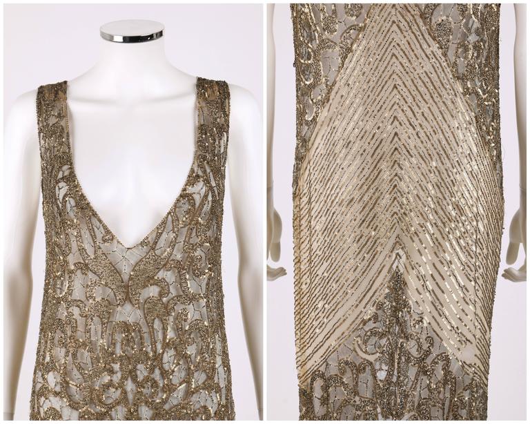 Couture c.1920's Gold Sequin Beaded Net Plunging Flapper Art Deco ...