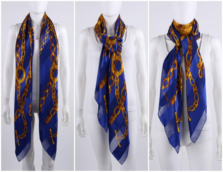CELINE X-Large Blue Gold 100% Silk Striped Chain Medallion Print Scarf ...