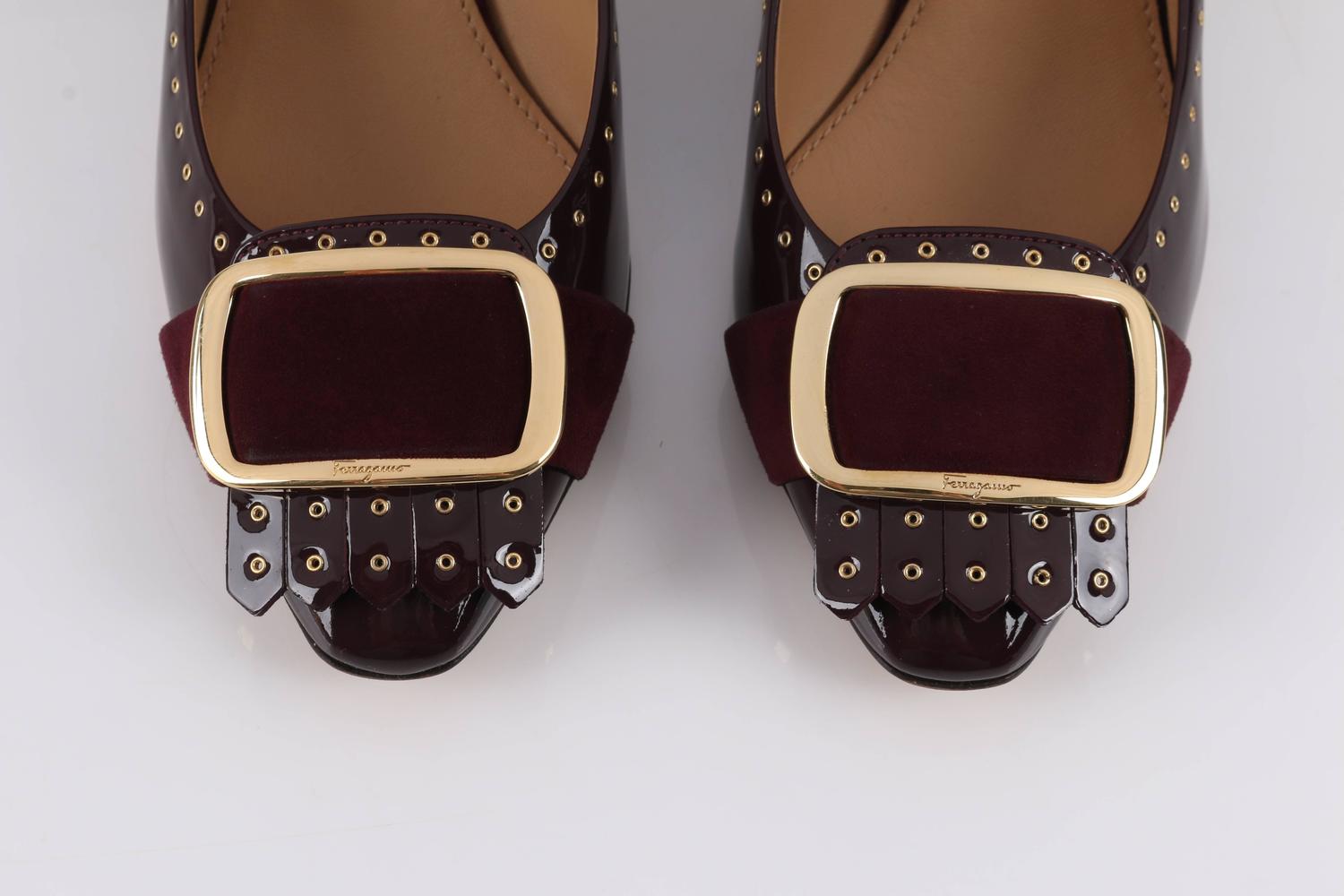 SALVATORE FERRAGAMO Burgundy Gold Buckle Fringe Patent Leather Pumps ...