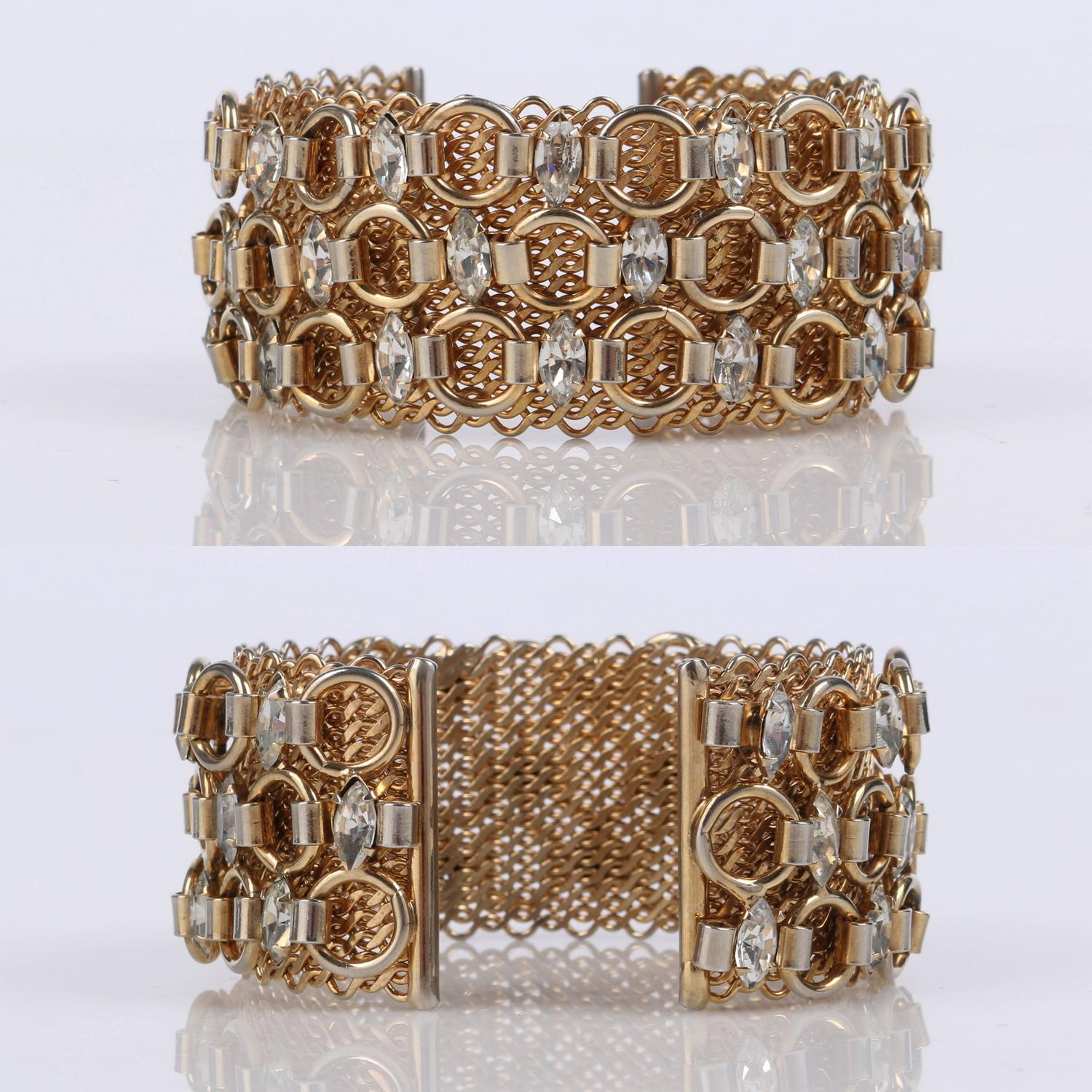 HATTIE CARNEGIE c.1960's Gold Marquise Crystal Rhinestone Wide Cuff ...