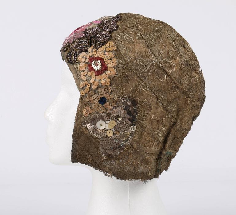 MANNHEIMER c.1920's Gold Lace Floral Glass Bead Sequin Helmut Flapper ...
