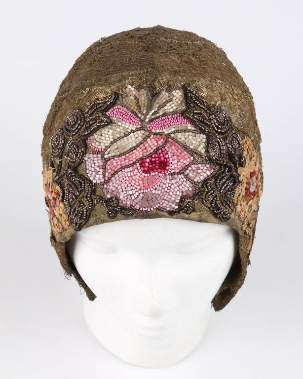 MANNHEIMER c.1920's Gold Lace Floral Glass Bead Sequin Helmut Flapper ...