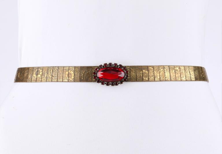 VICTORIAN REVIVAL c.1930's Bronze Mesh Floral Link Faceted Ruby Red ...
