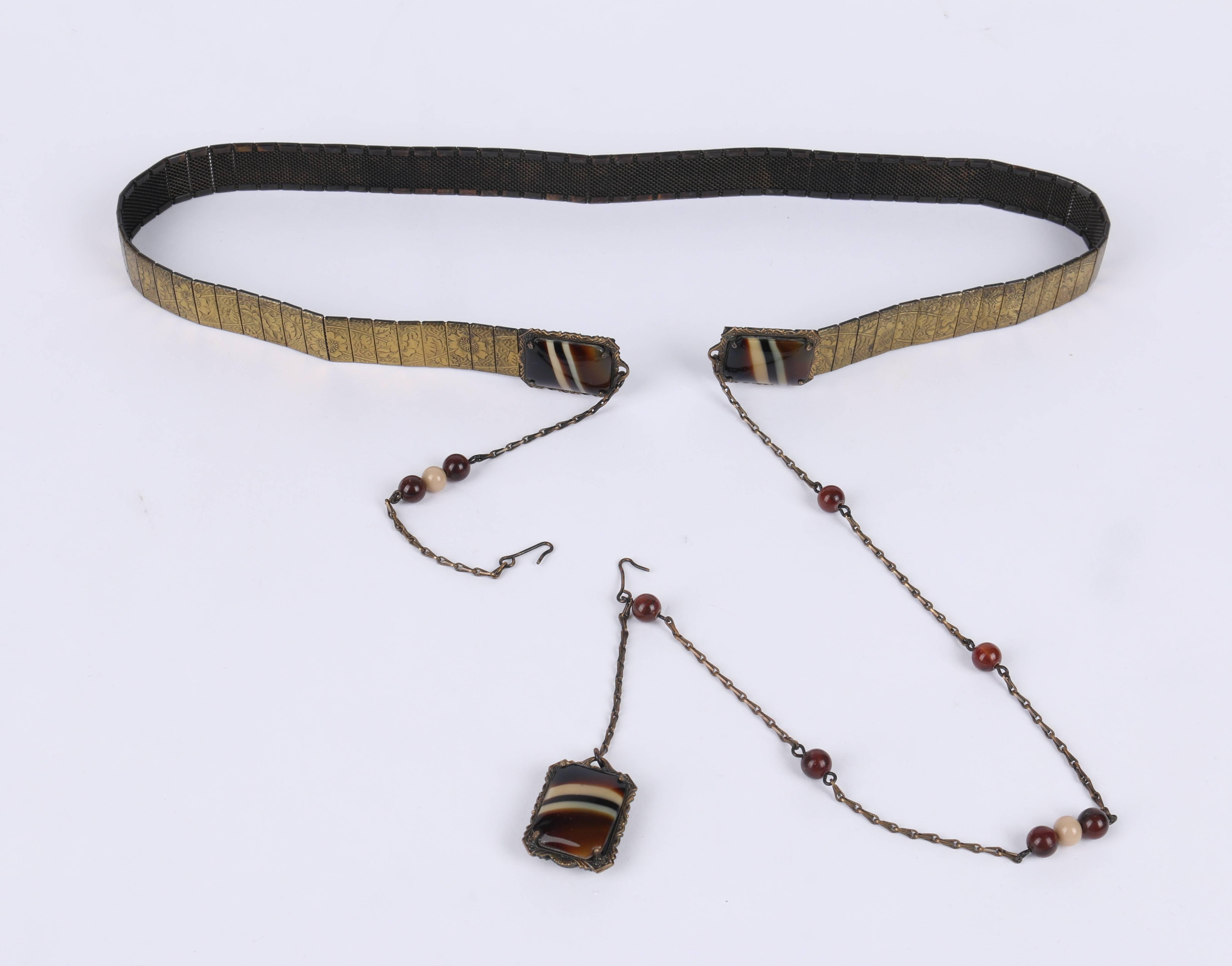 VICTORIAN REVIVAL c.1930's Bronze Mesh Floral Link Tiger's Eye Jeweled ...