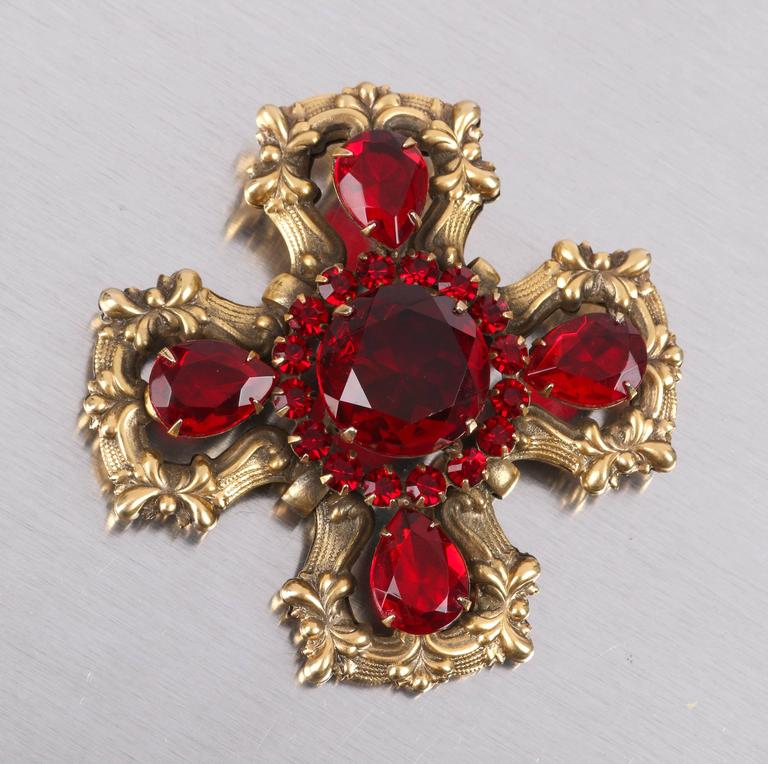 c.1940's Maltese Cross Brass Ruby Red Faceted Cut Glass Open Work ...