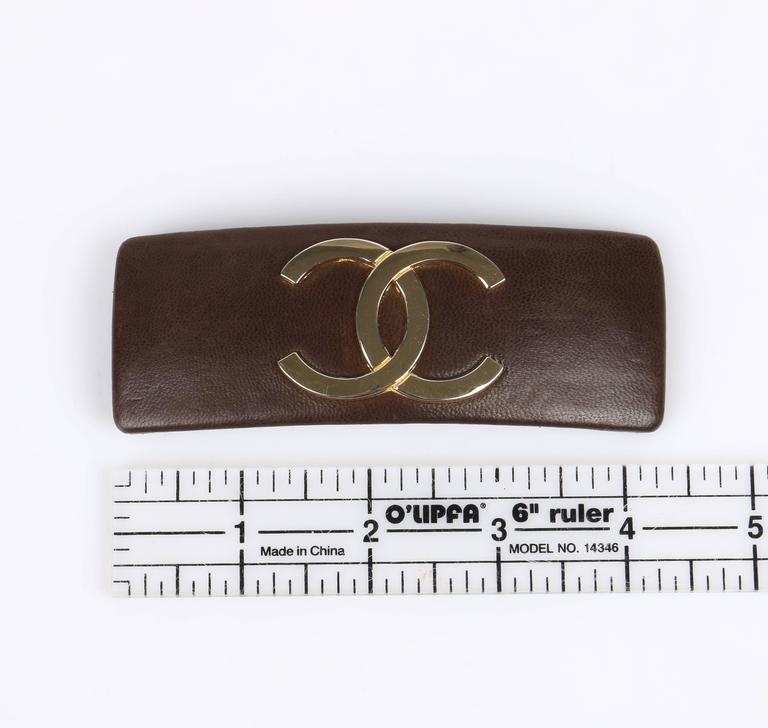 CHANEL Brown Leather Gold CC Logo French Classic Hair Clip Barrette For ...