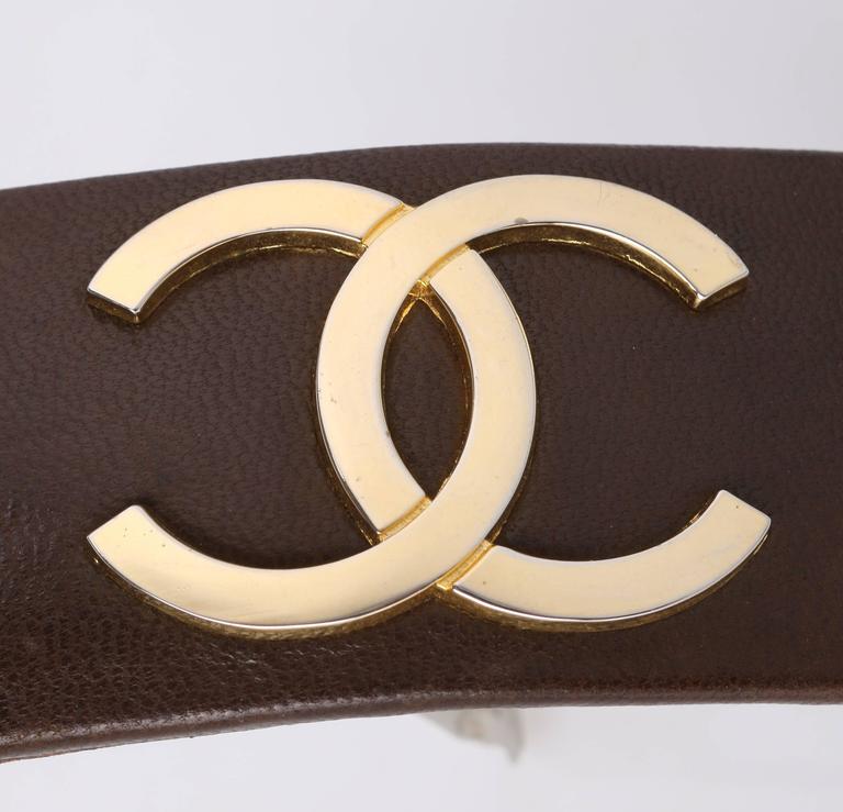 CHANEL Brown Leather Gold CC Logo French Classic Hair Clip Barrette For ...