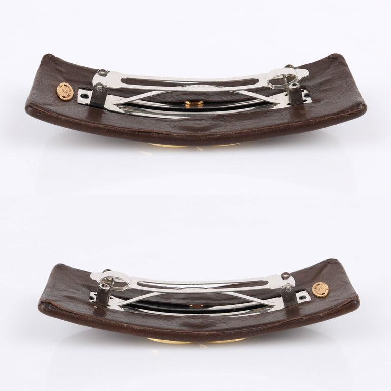 CHANEL Brown Leather Gold CC Logo French Classic Hair Clip Barrette For ...
