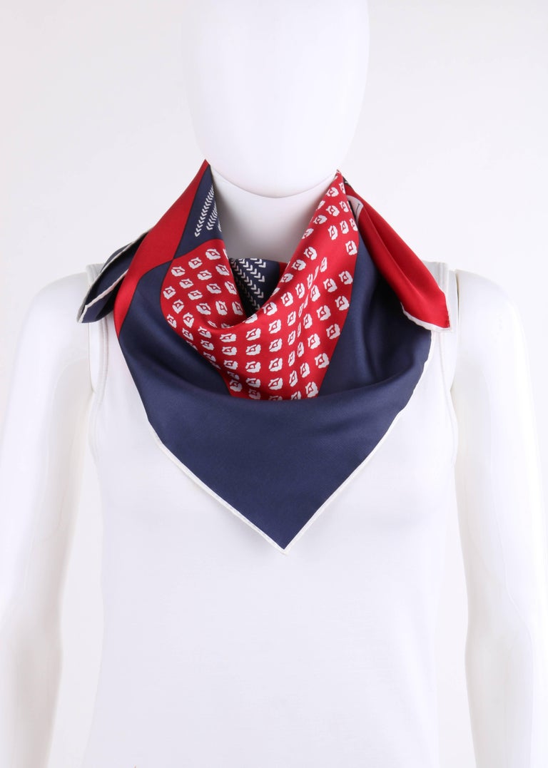 LANVIN Navy Blue and Red Geometric Botanical Colorblock Print Silk ...