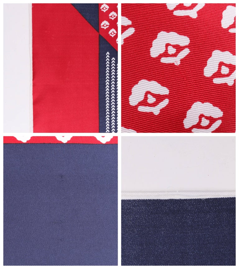 LANVIN Navy Blue and Red Geometric Botanical Colorblock Print Silk ...