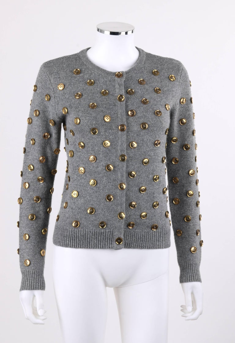 DOLCE and GABBANA Gray Cashmere Gold Button Embellished Crew Neck ...