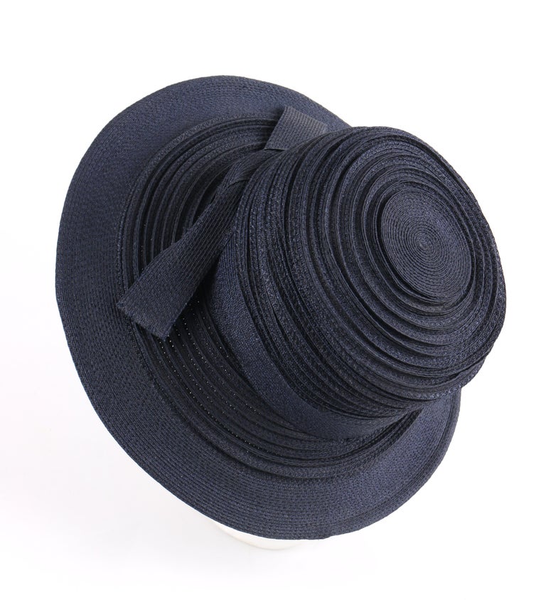 CHRISTIAN DIOR Chapeaux c.1960's Navy Blue Raffia Twisted Bow Cartwheel ...