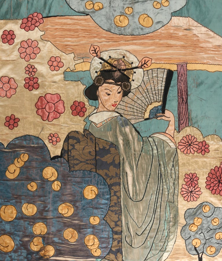 Vintage Silk Geisha and Phoenix Bird Hand Embroidered Large Wall ...