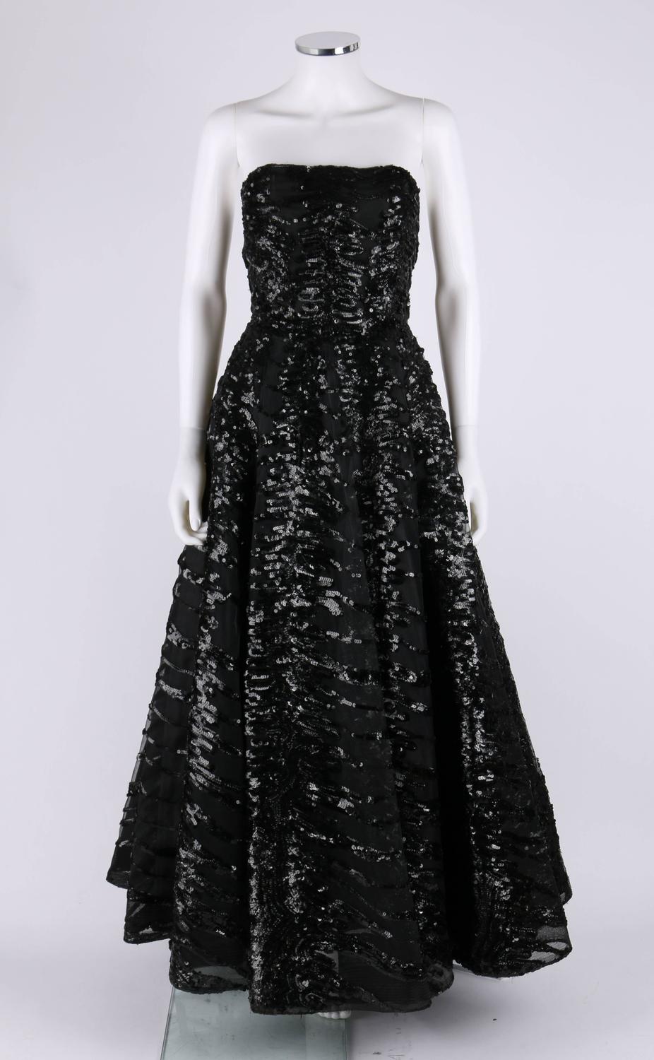 HAUTE COUTURE 1950s Black Sequin Ball Gown Evening Theater Opera Party ...