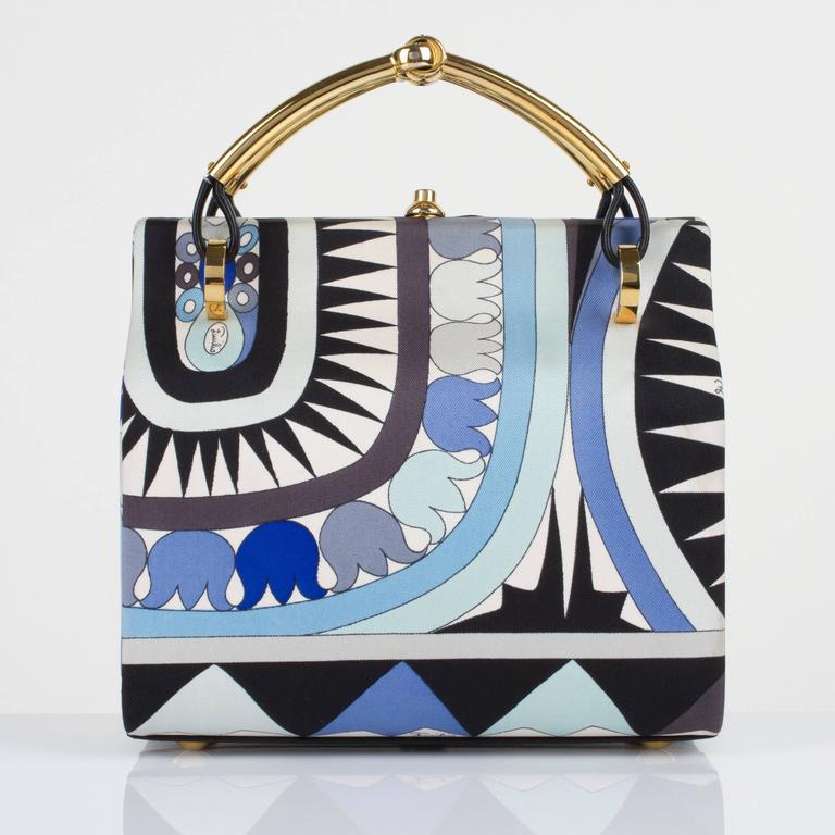 1960s EMILIO PUCCI Blue Signature Print Silk Structured Box Purse ...