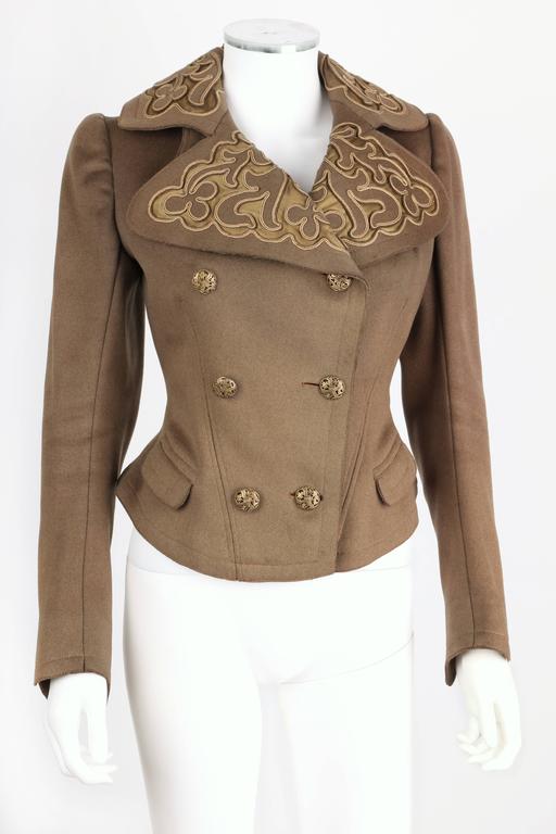 Couture EDWARDIAN c.1900s Vintage Art Nouveau Military Olive Brown Wool ...