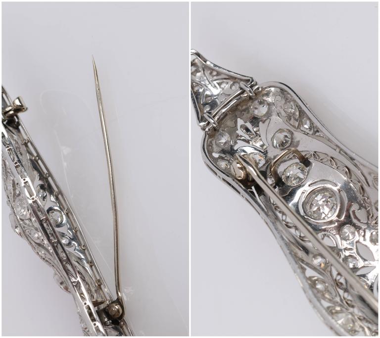 Gregorian c.1915 European Cut Diamond Platinum Foliate Filigree Bar Pin ...