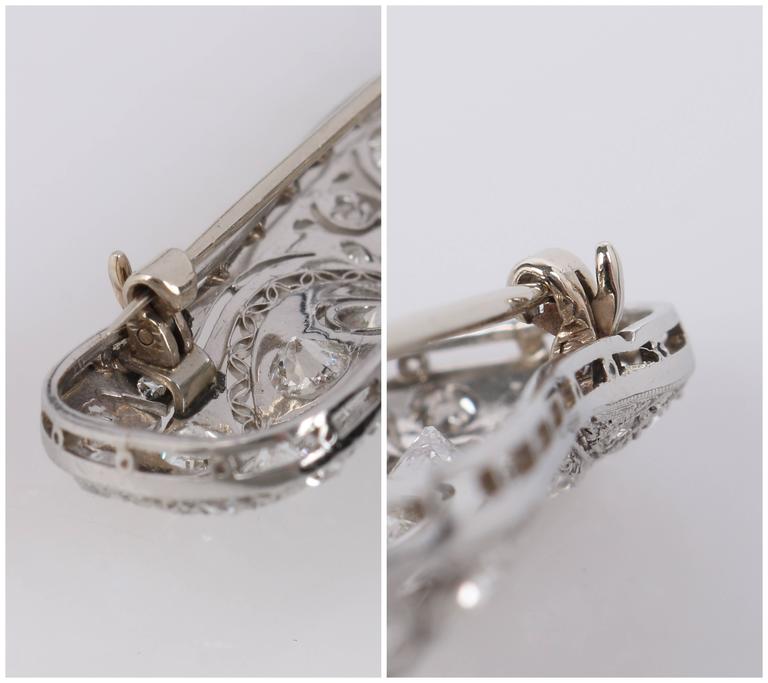 Gregorian c.1915 European Cut Diamond Platinum Foliate Filigree Bar Pin ...