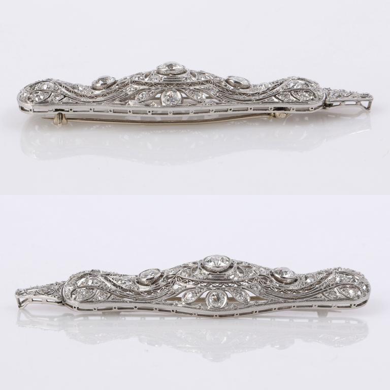 Gregorian c.1915 European Cut Diamond Platinum Foliate Filigree Bar Pin ...