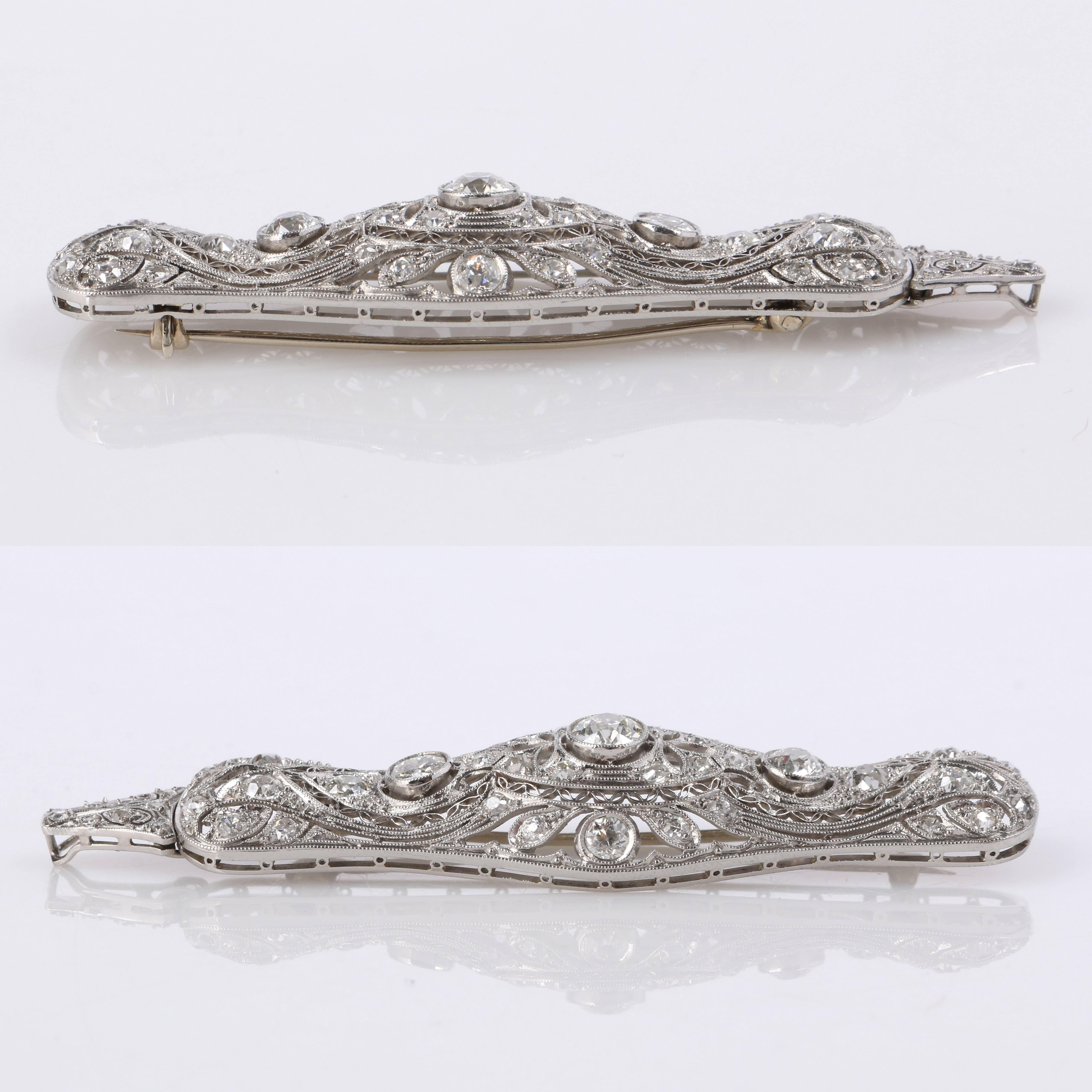Gregorian c.1915 European Cut Diamond Platinum Foliate Filigree Bar Pin ...