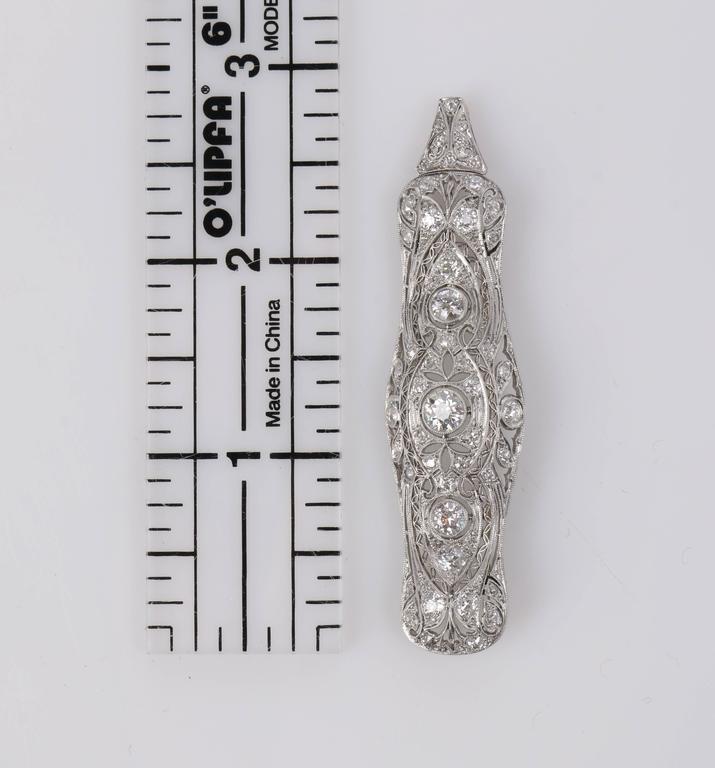 Gregorian c.1915 European Cut Diamond Platinum Foliate Filigree Bar Pin ...
