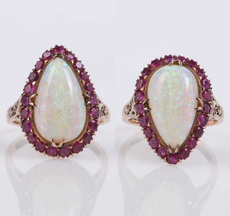 c.1930's Large Teardrop Opal Ruby Rose Gold 14 KT Ring Size 6.75 - 7 at ...