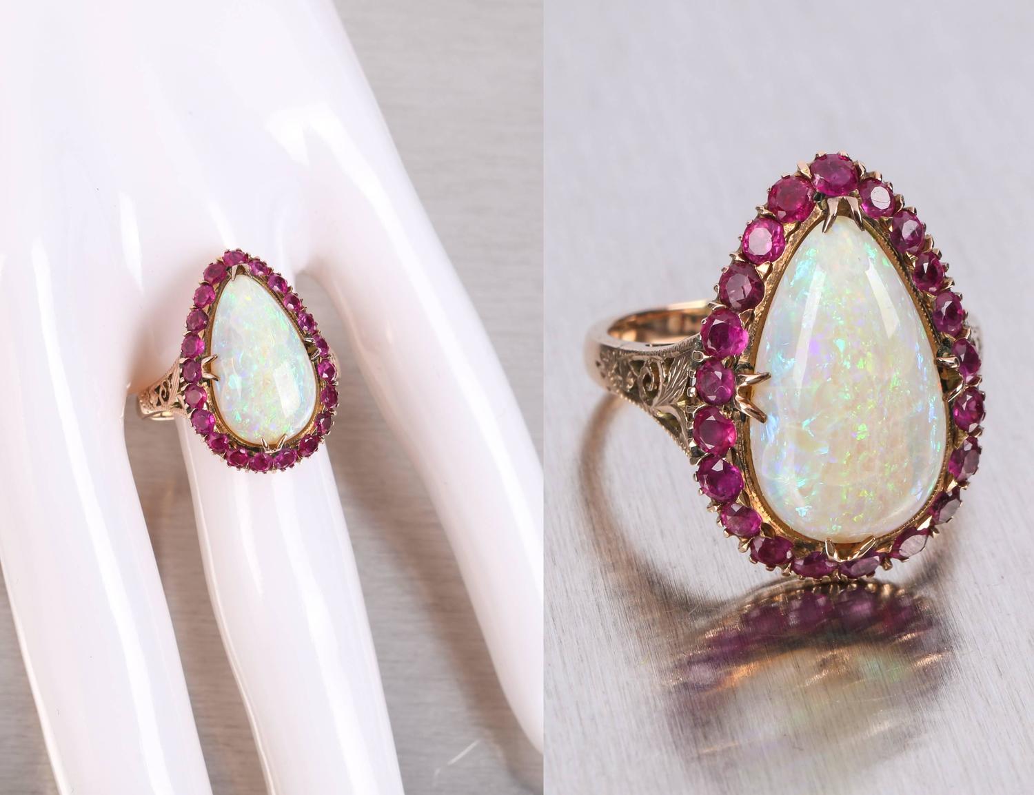 c.1930's Large Teardrop Opal Ruby Rose Gold 14 KT Ring Size 6.75 - 7 ...