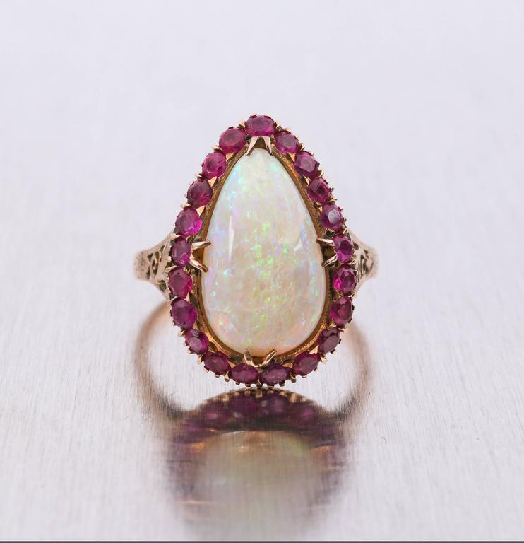 c.1930's Large Teardrop Opal Ruby Rose Gold 14 KT Ring Size 6.75 - 7 at ...