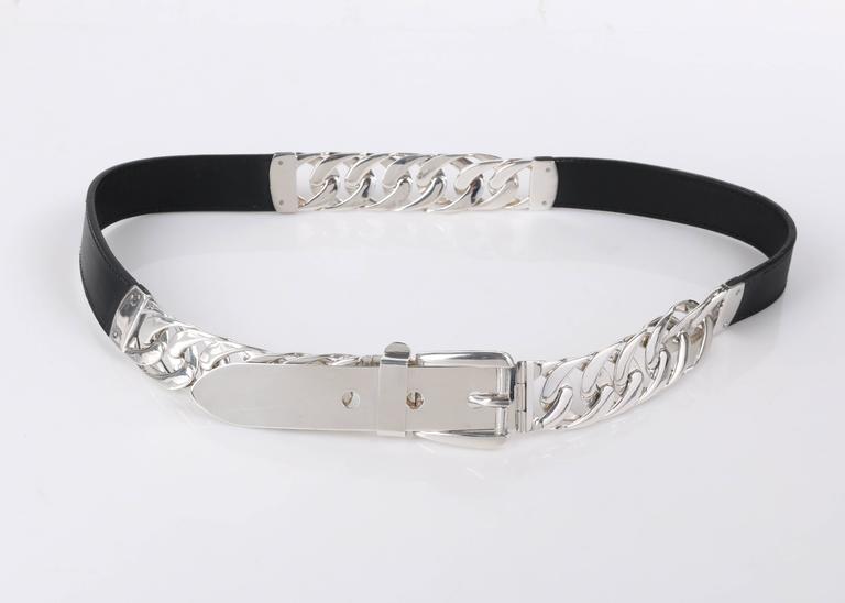 GUCCI Sterling Silver Chain Link Black Leather Mixed Material Belt Size ...