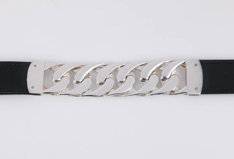 GUCCI Sterling Silver Chain Link Black Leather Mixed Material Belt Size ...
