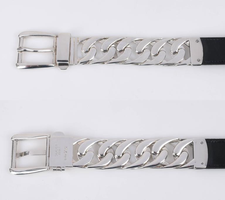 GUCCI Sterling Silver Chain Link Black Leather Mixed Material Belt Size ...